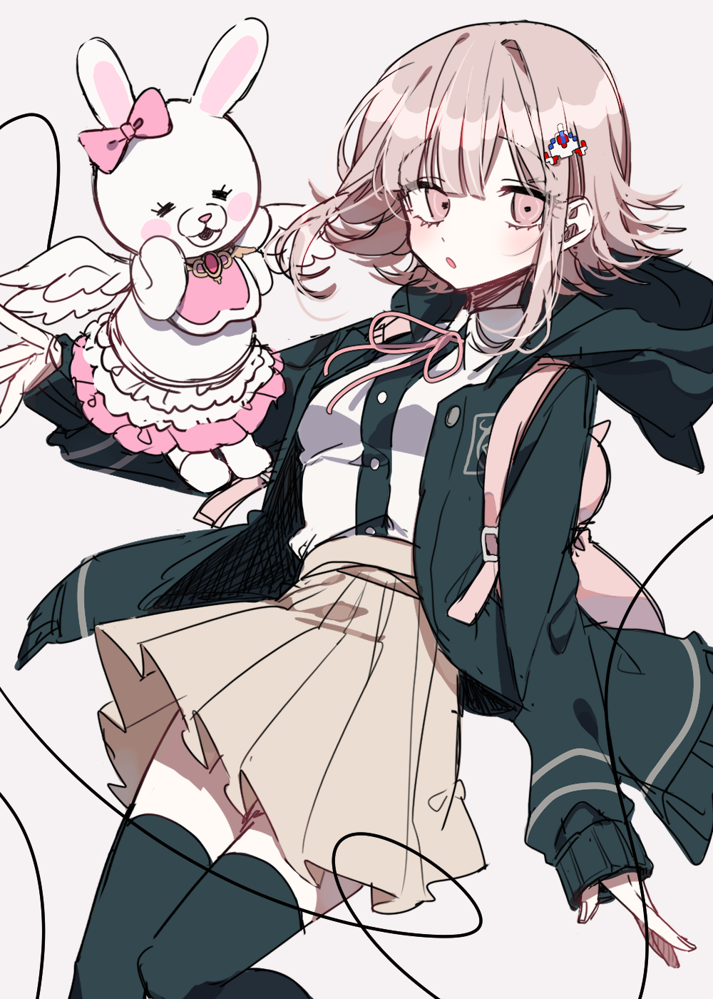 Safebooru - 1girl 3j dangan :o backpack bag bangs black jacket black legwear black shirt bow ...