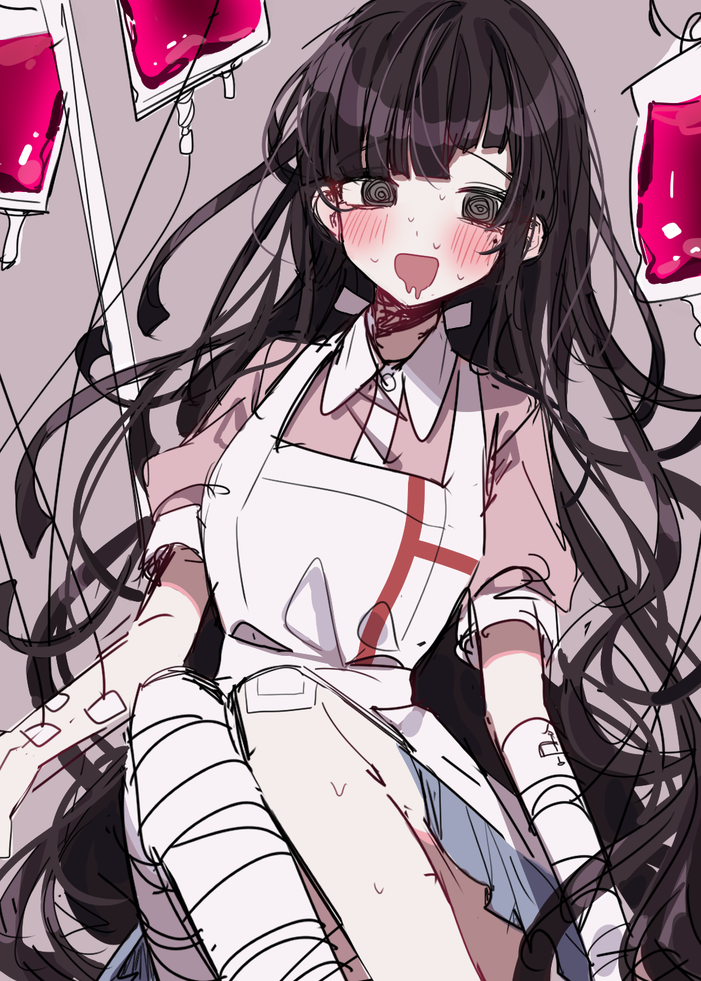 Safebooru - 1girl apron bandaged arm bandaged leg bandages bangs black hair blood blood bag blue ...