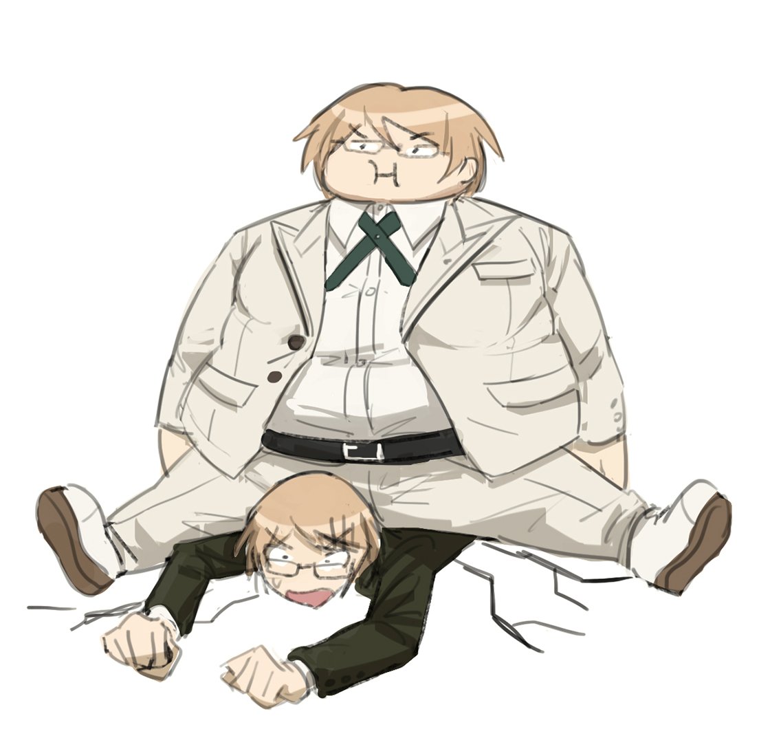 Safebooru - 2boys :i bangs belt black belt boy on top brown jacket ...