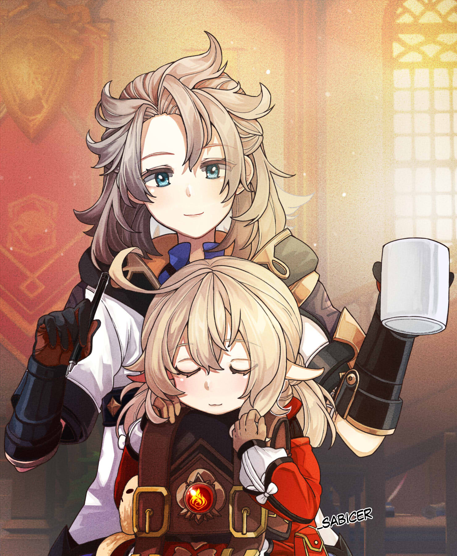 Safebooru - 00:07am 1boy 1girl 3d background :3 ahoge albedo (genshin impact) backpack bag bag ...