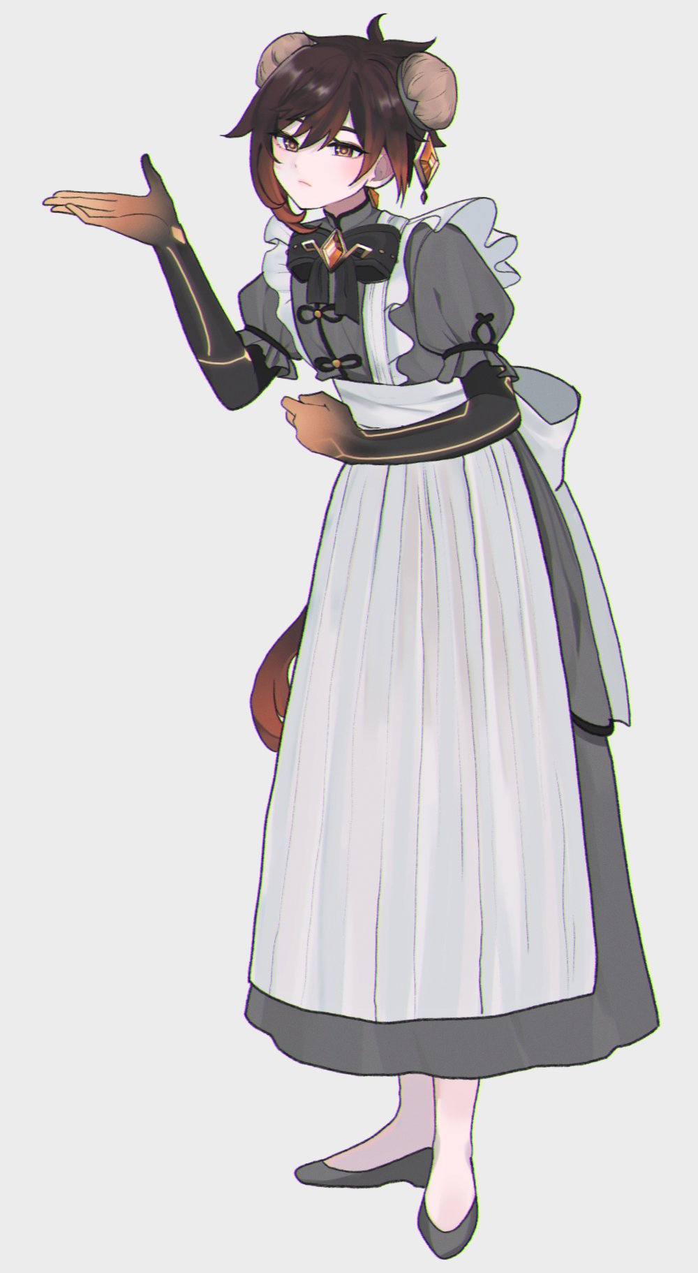 Safebooru - 1boy alternate costume apron arm tattoo bangs black footwear bow brown hair closed ...