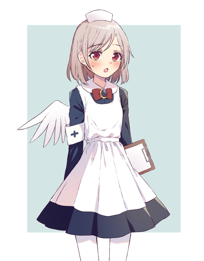Safebooru - 1girl alternate costume angel wings blue background blue sleeves blush bow bowtie ...