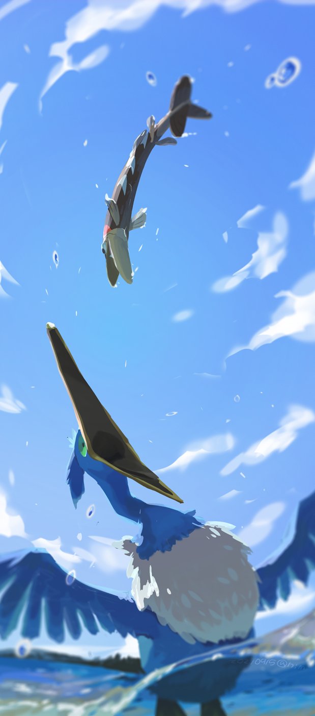 Safebooru - arrokuda bird clouds cramorant day fish highres no humans ...