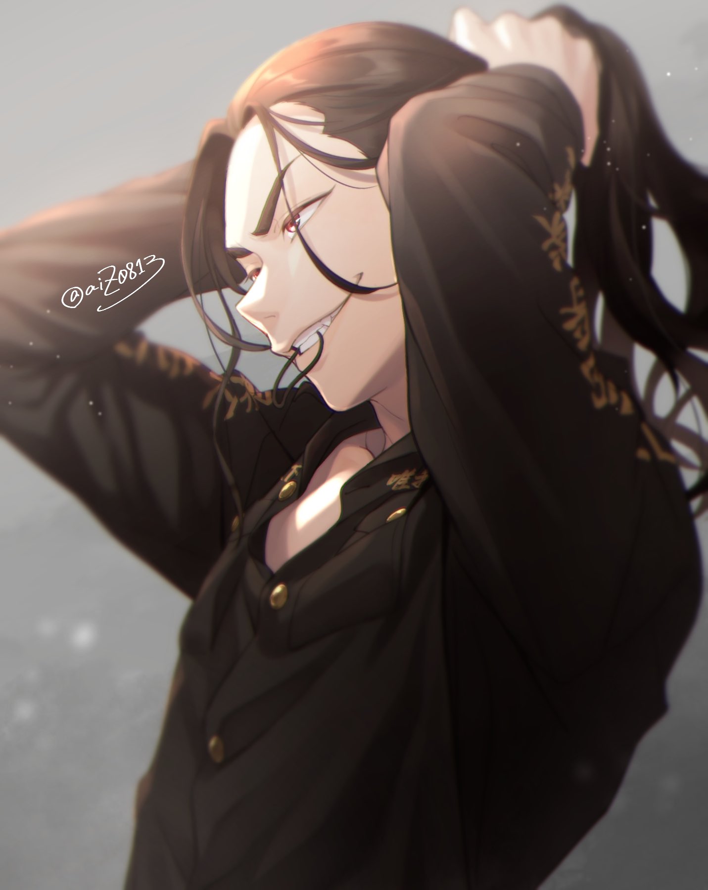 Safebooru - 1boy arms up baji keisuke black hair black jacket grey ...