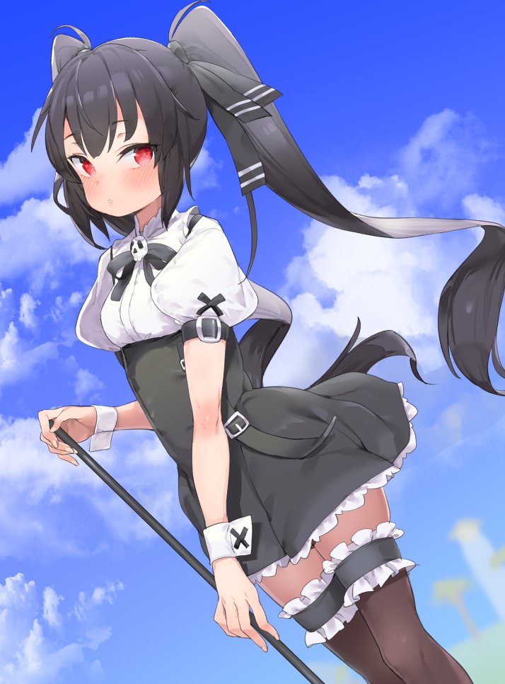 Safebooru - 1girl atage black hair black skirt blue sky blush brown legwear clouds copyright ...