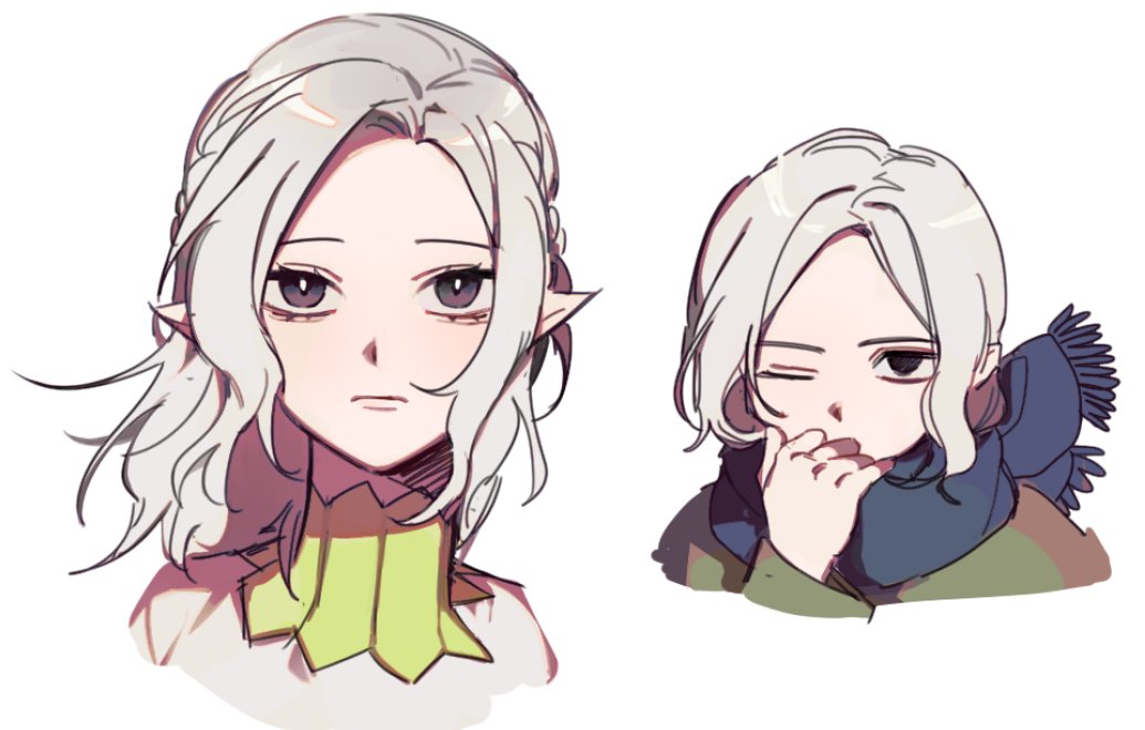Safebooru - 1boy androgynous black eyes blue scarf braid closed mouth dungeon meshi grey hair ...