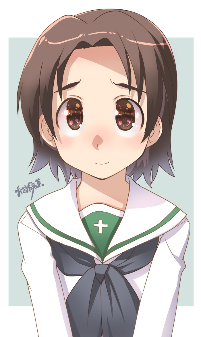 Safebooru - 1girl artist name bangs black neckwear blouse border brown eyes brown hair closed ...