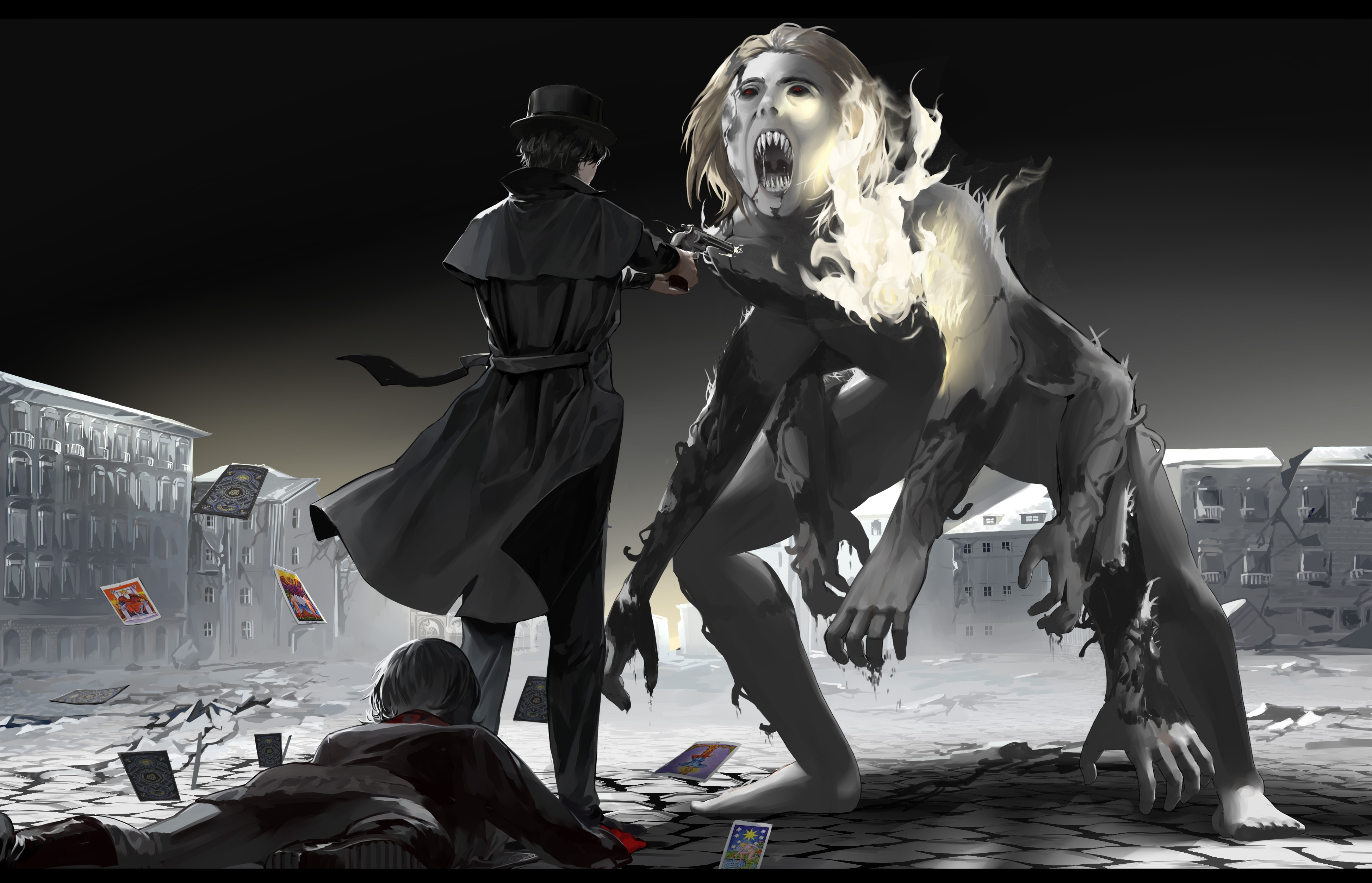 Safebooru - 3boys absurdres black footwear black hair black headwear ...