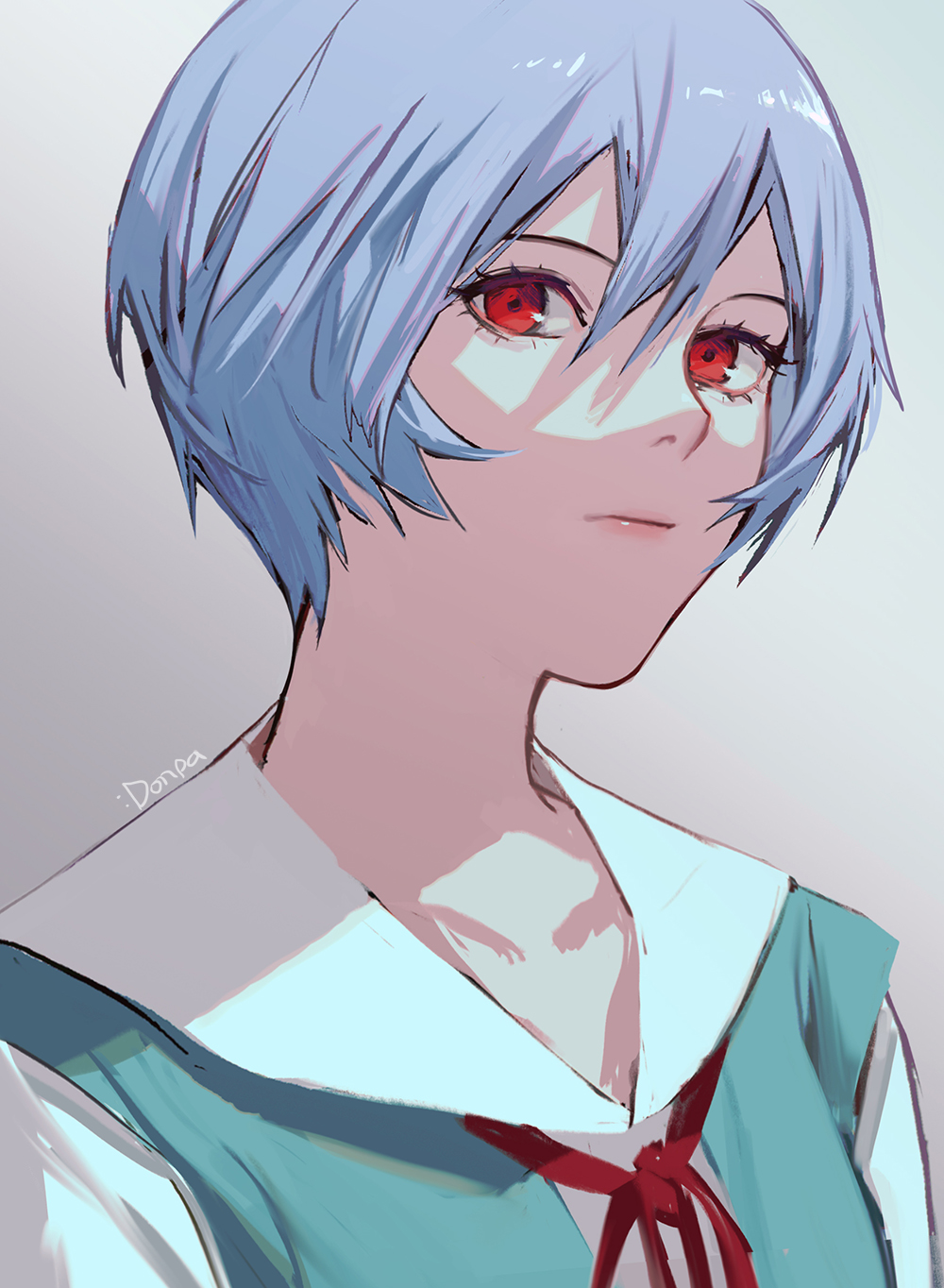 Safebooru - 1girl artist name ayanami rei bangs blue vest closed mouth collarbone grey ...
