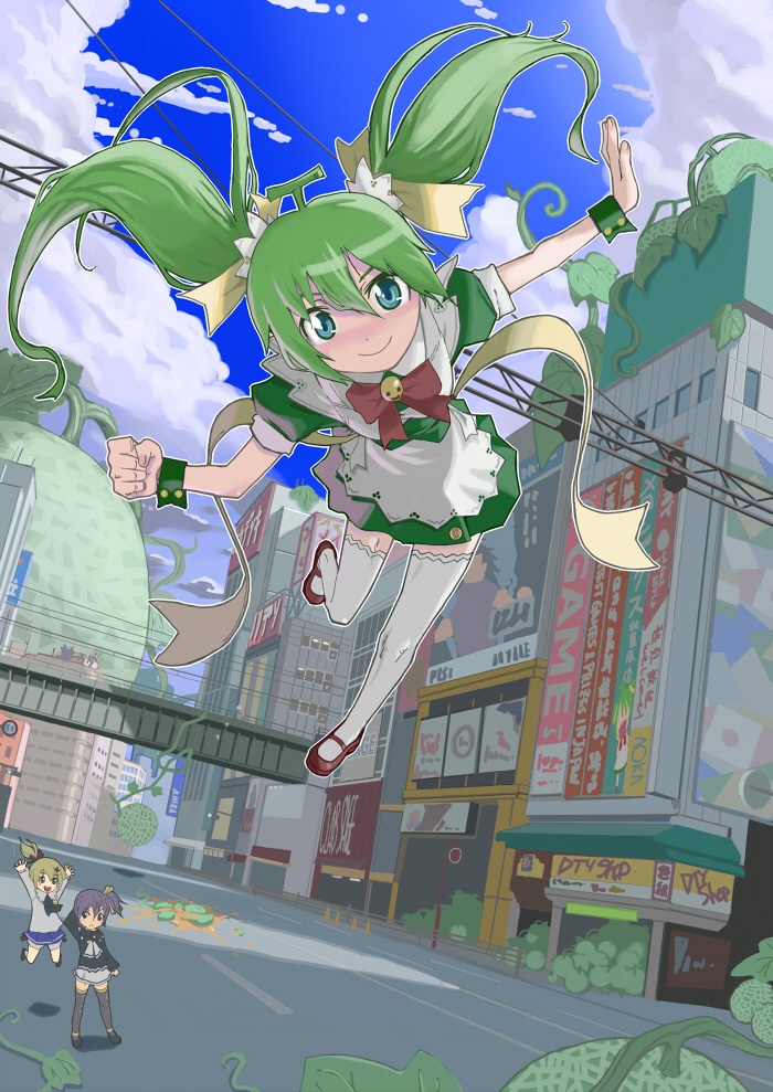 Safebooru - blue eyes city flying food fruit hair ribbon looking at ...