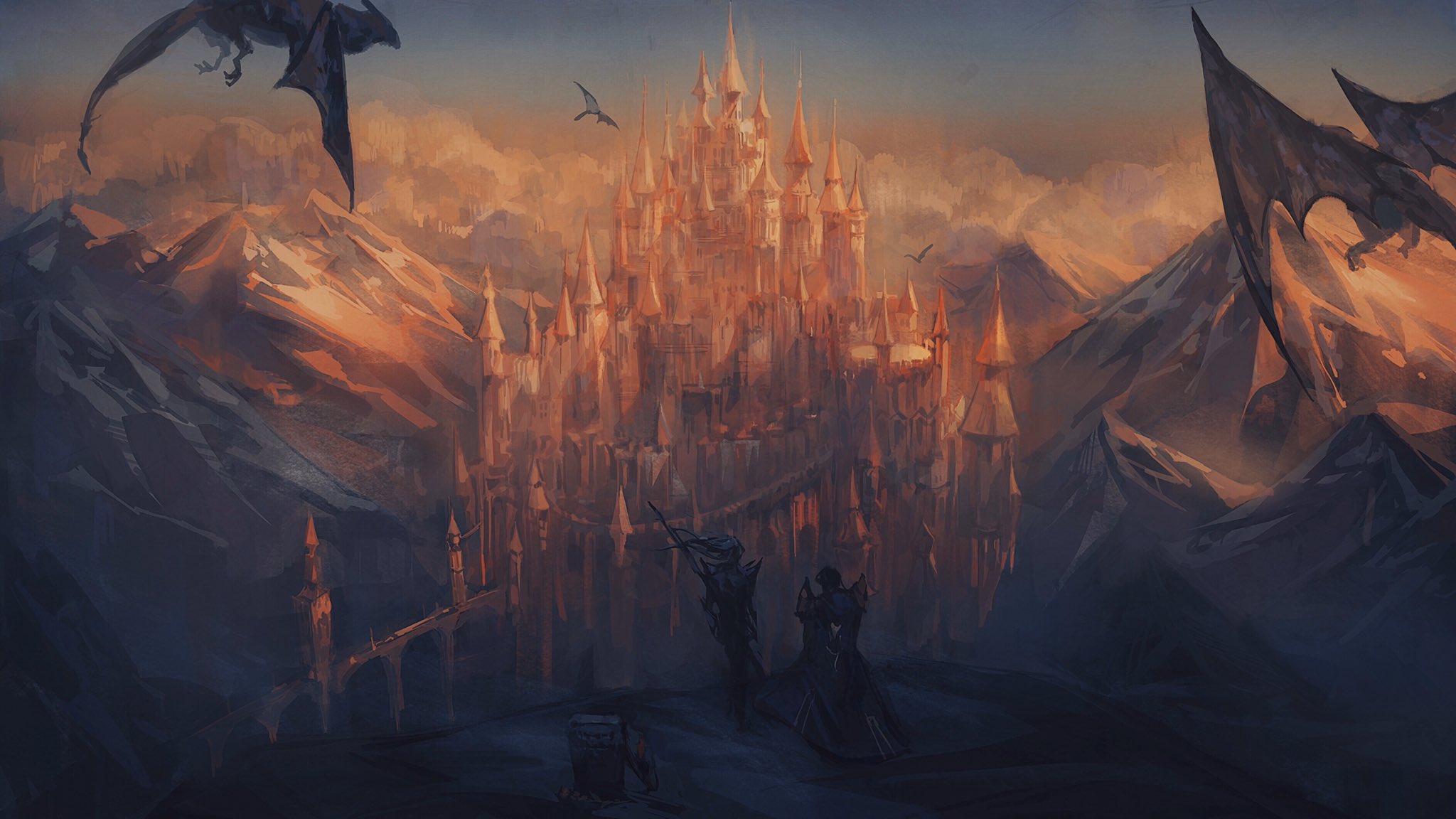 Safebooru - 2boys above clouds armor aymeric de borel bridge city ...