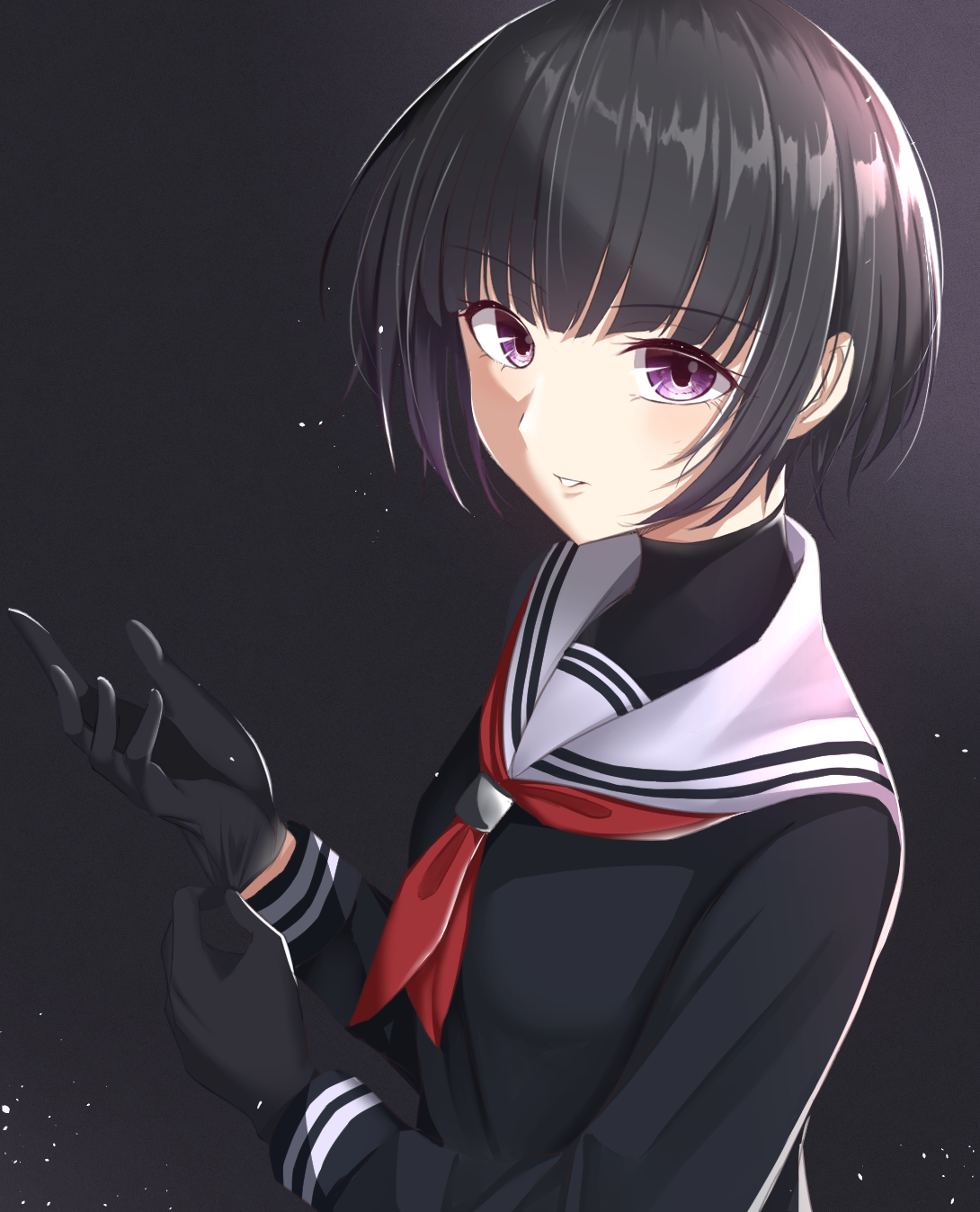 Safebooru - 1girl adjusting clothes adjusting gloves bangs black background black blouse black ...