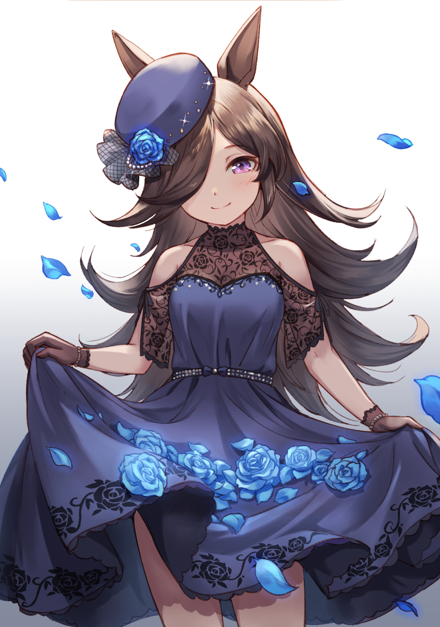 Safebooru - 1219ktao 1girl animal ears bangs bare shoulders black hair blue dress blue flower ...