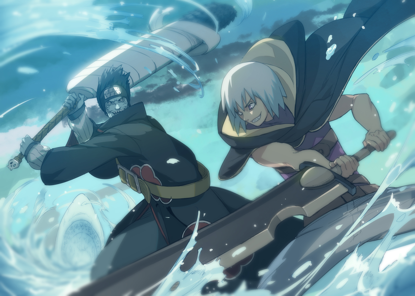 Safebooru - 2boys battle blue hair duel fight fighting giant sword grin ...