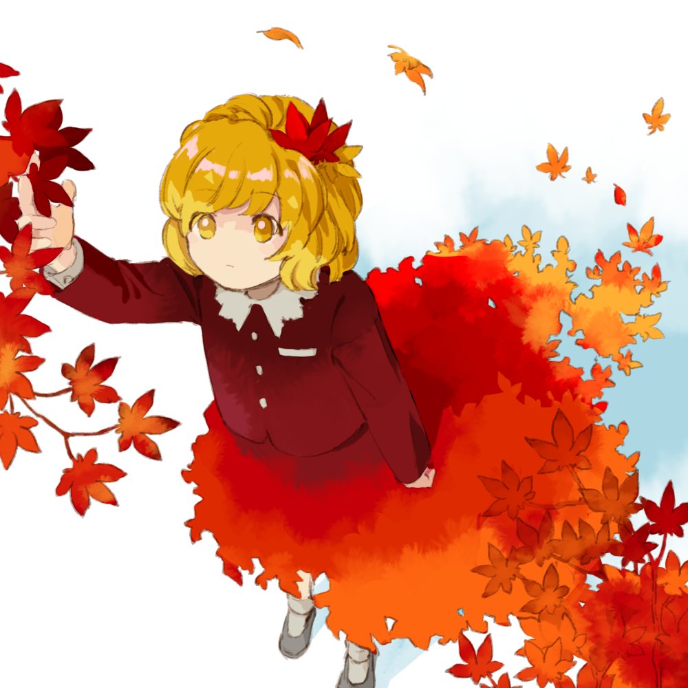 Safebooru - 1girl aki shizuha arm up autumn leaves black footwear blonde hair branch closed ...