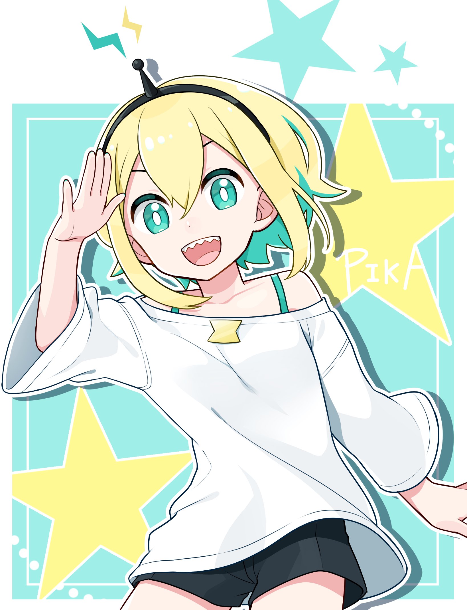 Safebooru - 1girl :d amano pikamee black hairband black shorts blonde hair blue eyes blue hair ...