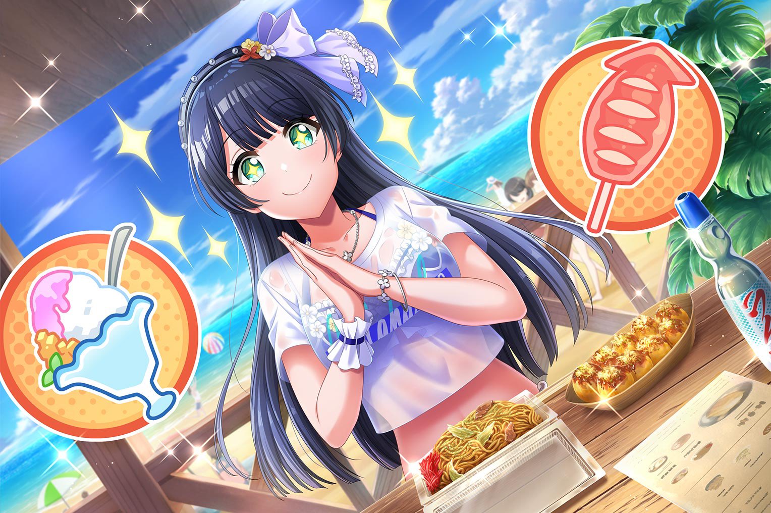 Safebooru - 1girl black hair blue eyes blush d4dj long hair smile swimsuit togetsu rei | 3659754