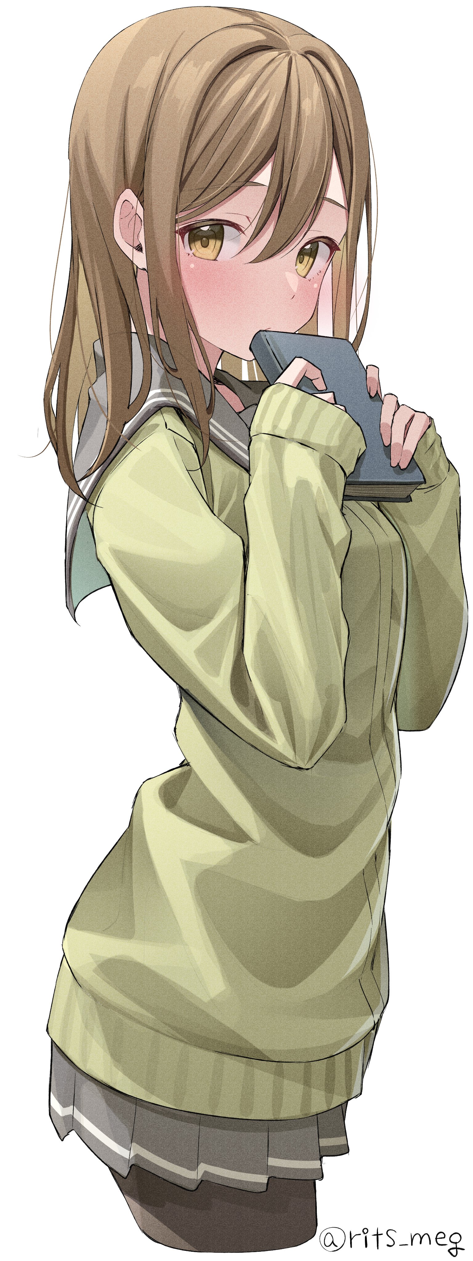 Safebooru - 1girl absurdres bangs blush book breasts brown hair cardigan eyebrows visible ...