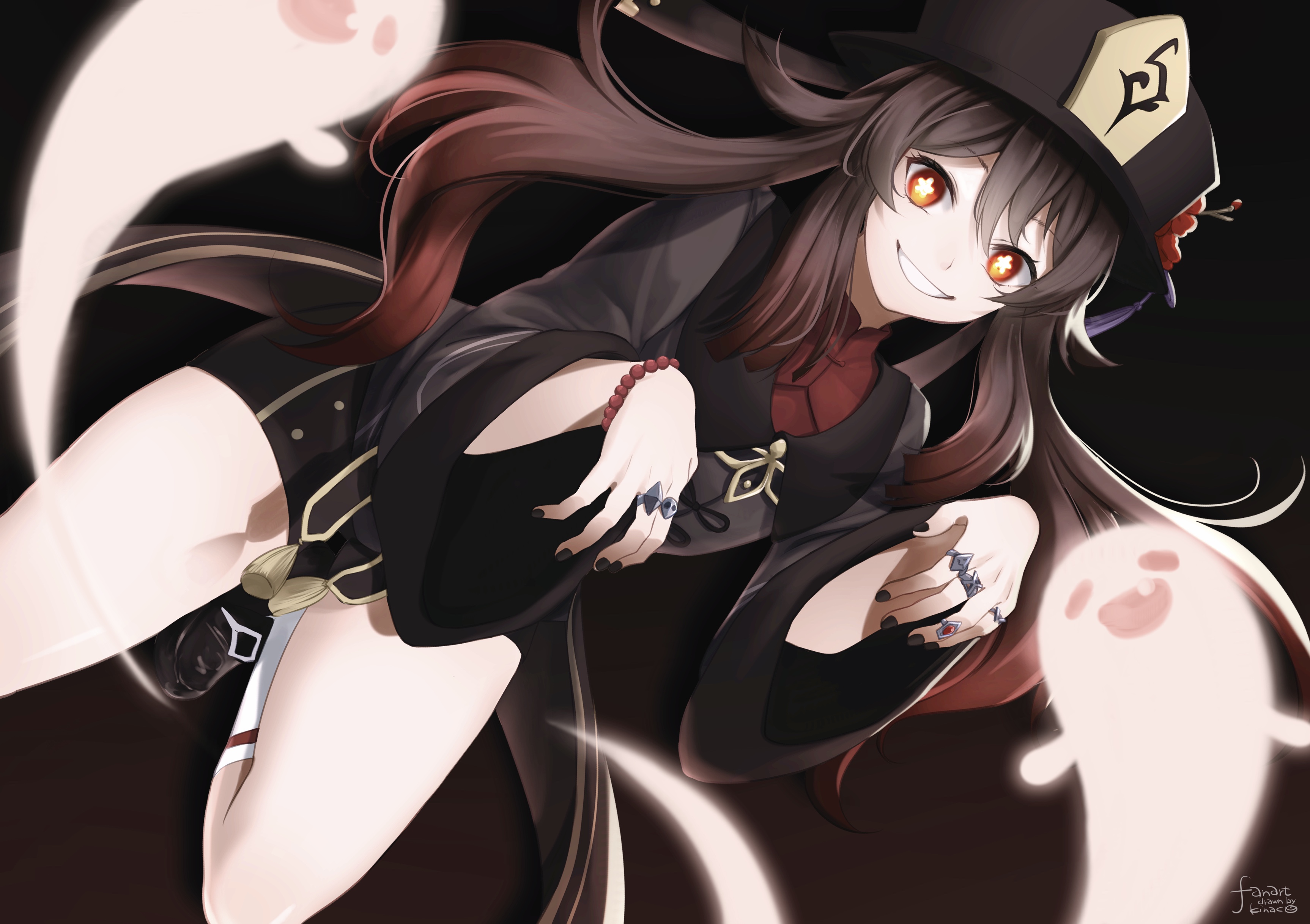 Safebooru - 1girl absurdres bangs bead bracelet beads black background black headwear black ...