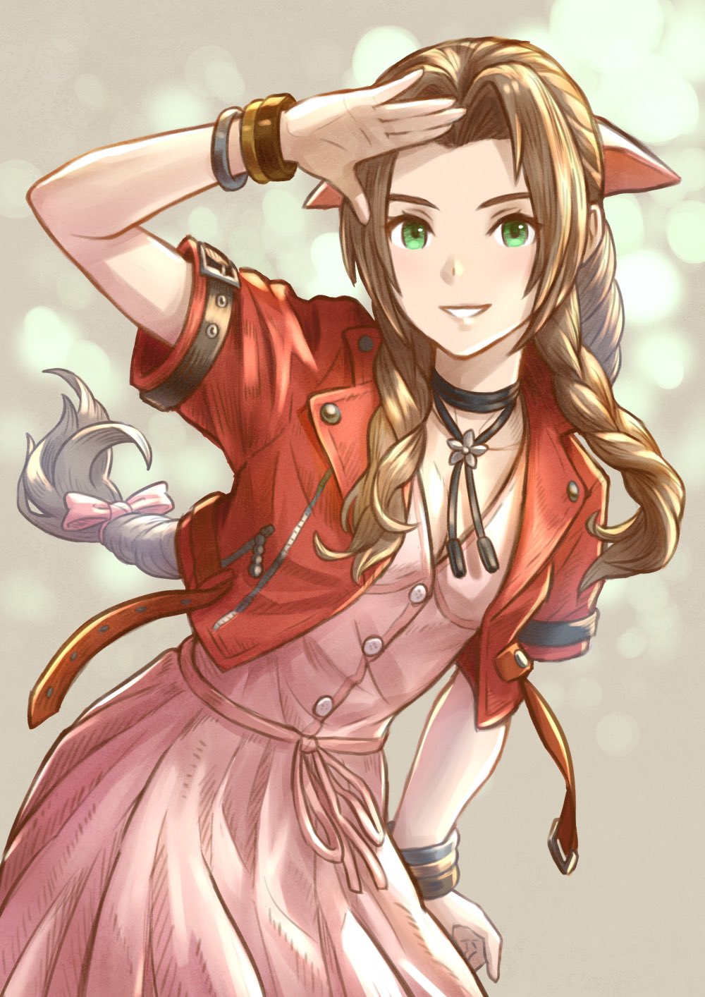 Safebooru - 1girl aerith gainsborough bracelet brown hair cowboy shot ...