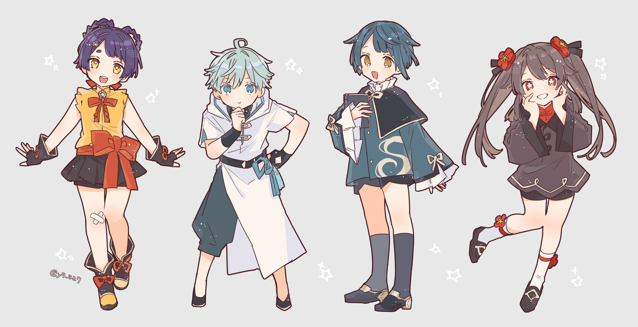 Safebooru - 2boys 2girls blue eyes blue hair braid brown hair child chinese clothes chongyun ...