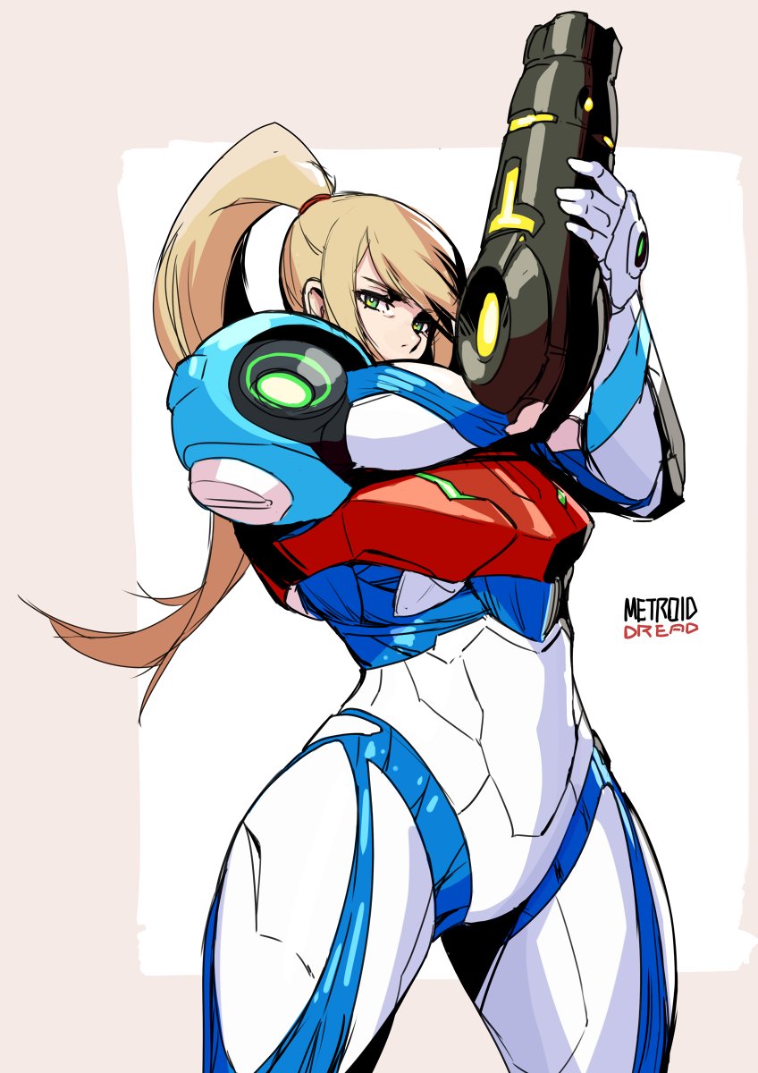 Safebooru - 1girl arm cannon armor bangs blonde hair blue eyes cowboy shot gun highres long hair ...