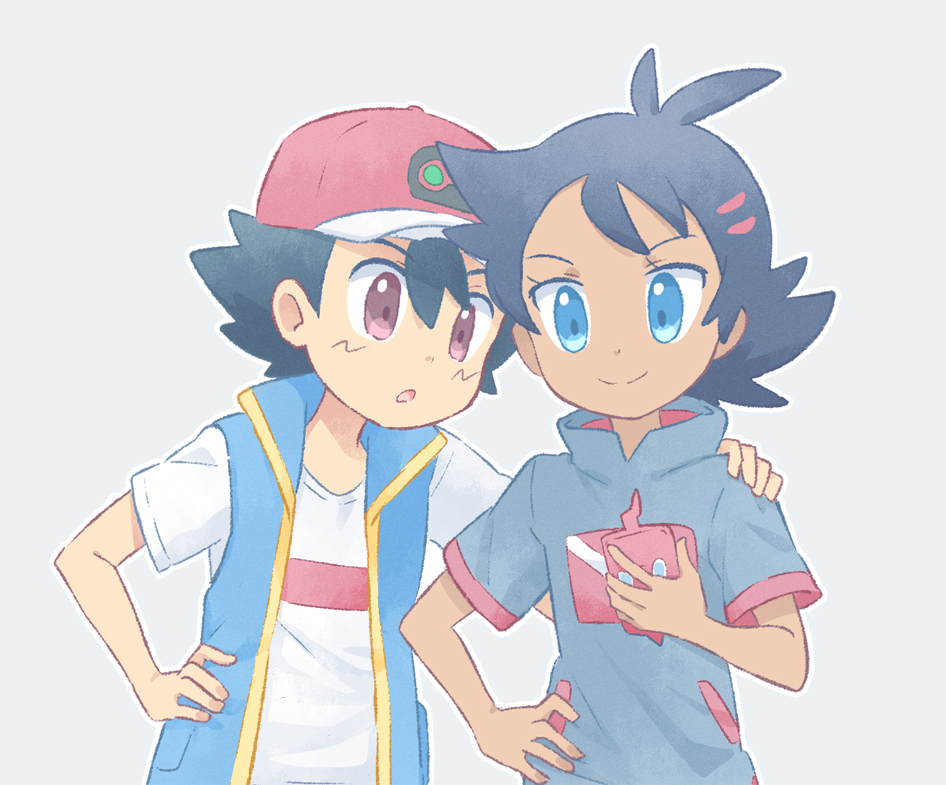 Safebooru - 2boys :o akasaka (qv92612) antenna hair ash ketchum bangs baseball cap black hair ...