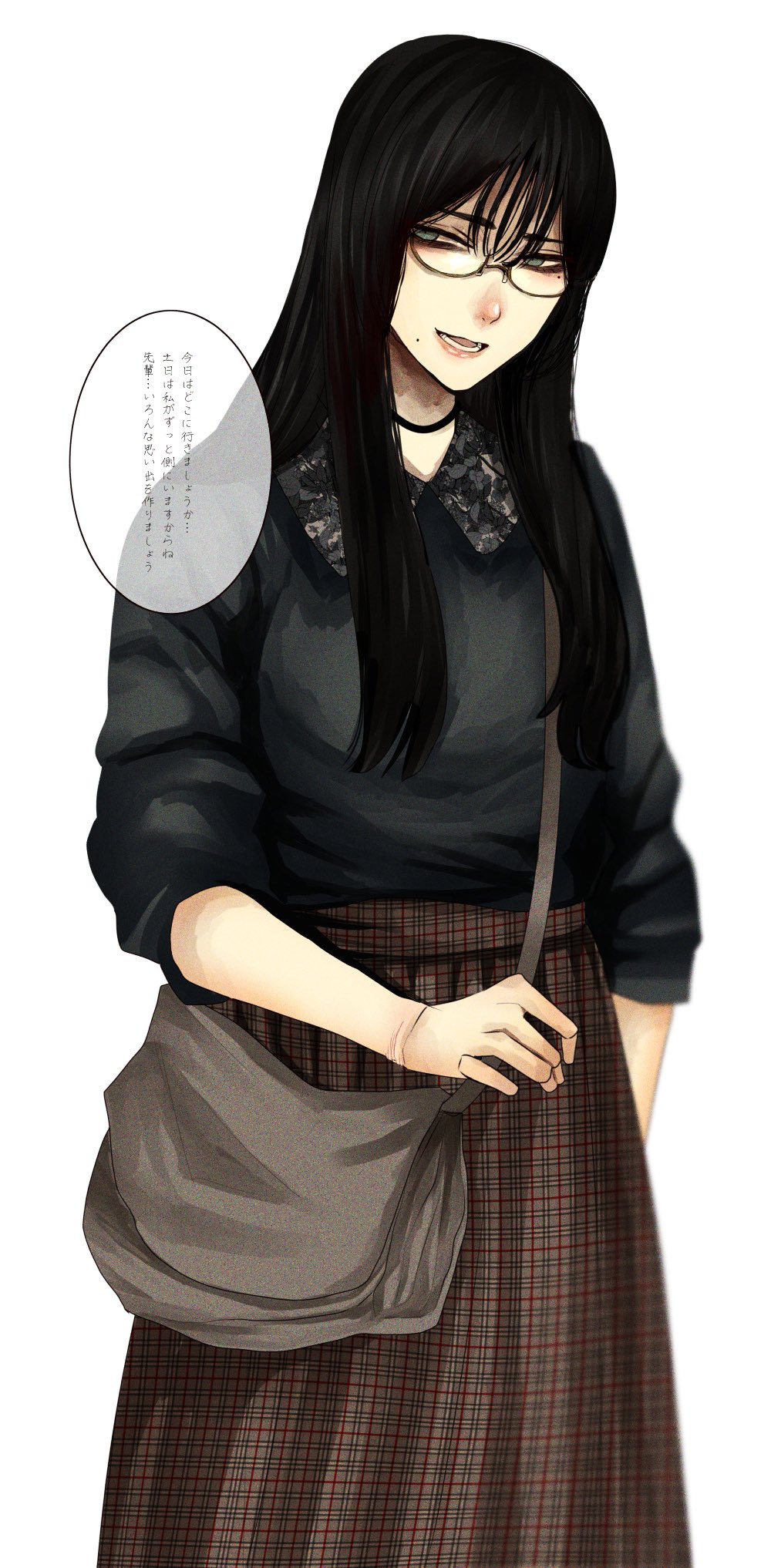 Safebooru - 1girl :d bag black choker black sweater brown skirt choker ...