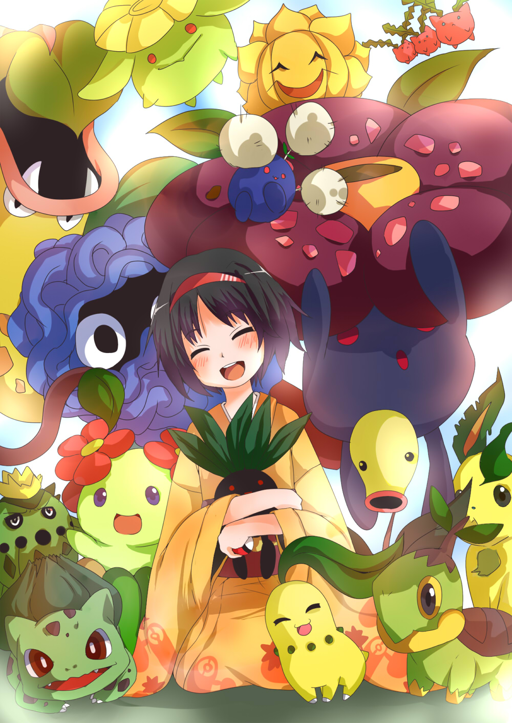 Safebooru - ayase08 bellsprout black hair blush bulbasaur cacnea chikorita erika (pokemon ...