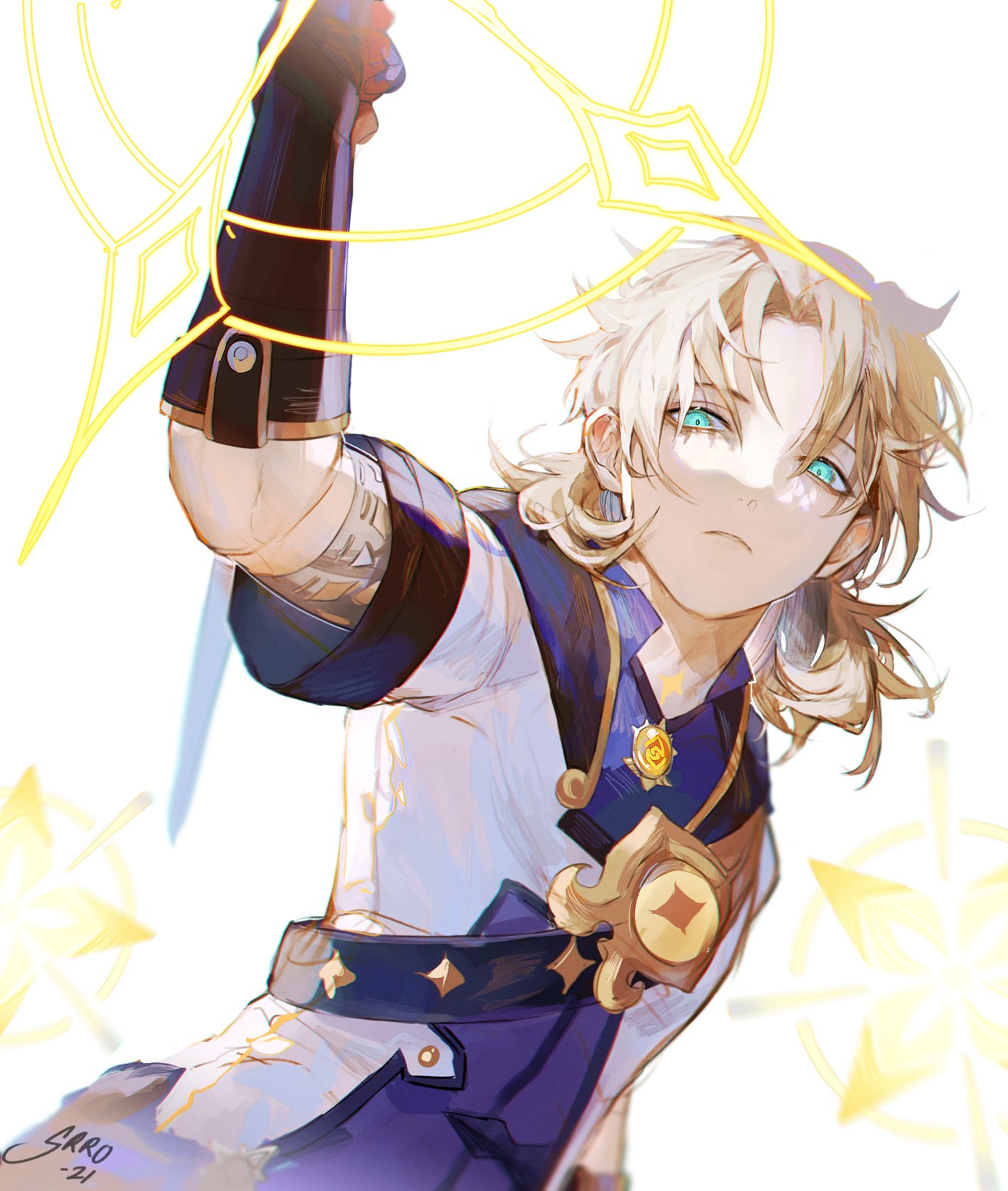 Safebooru - 1boy albedo (genshin impact) aqua eyes arm up bangs blonde ...