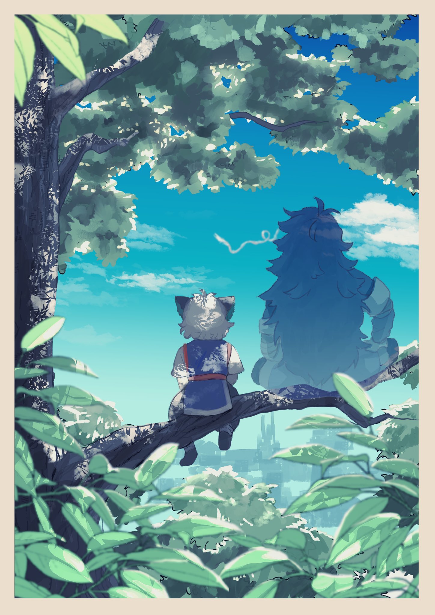 Safebooru - 2boys animal ears blue sky border branch brown border cat ...