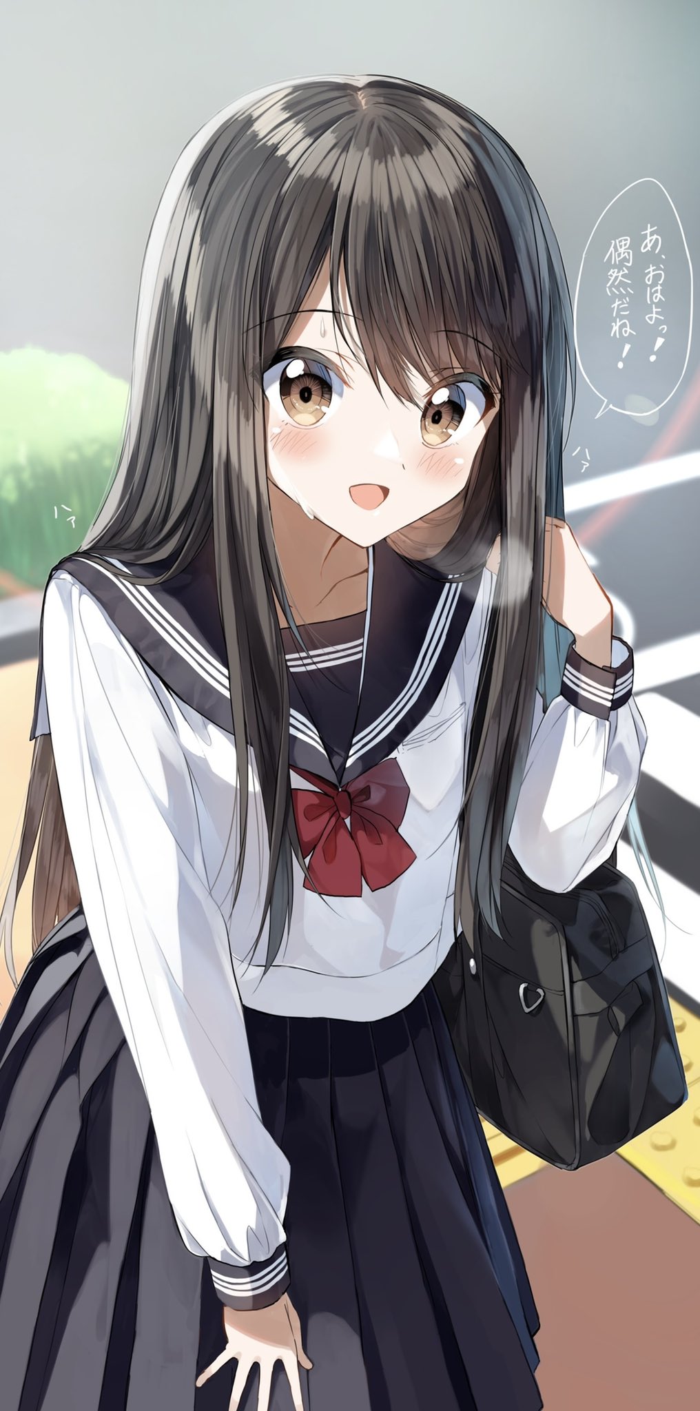 Safebooru - 1girl :d bag bangs black hair black sailor collar black skirt blush bow brown eyes ...