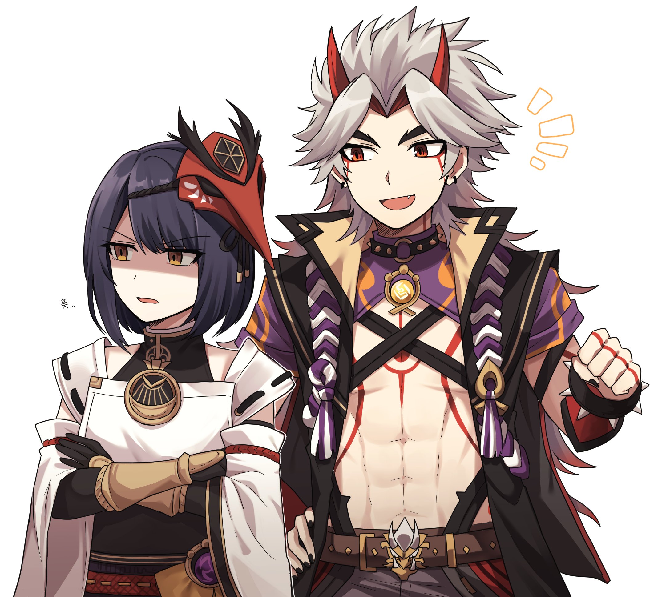 Safebooru 1boy 1girl Abs Arataki Itto Bangs Belt Black Hair Black 5573