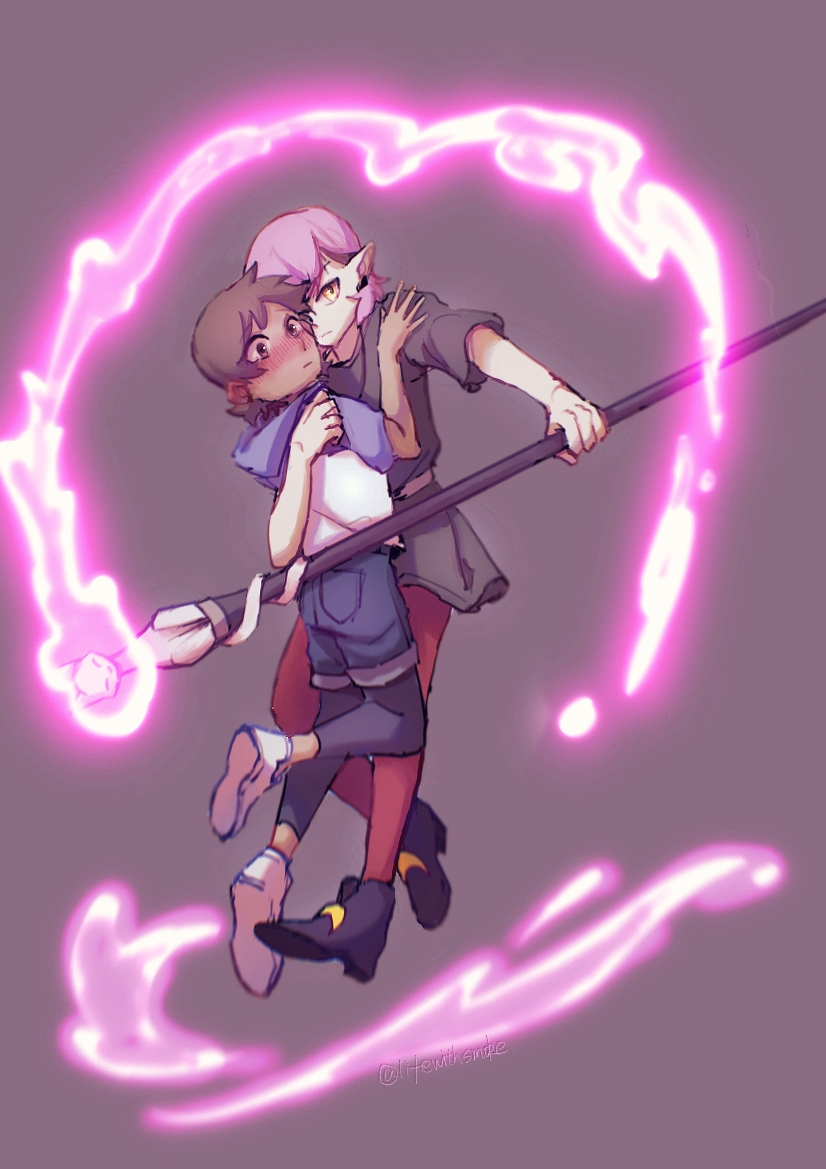 Safebooru - 2girls amity blight blush brown eyes brown hair earrings hood hoodie hug ...