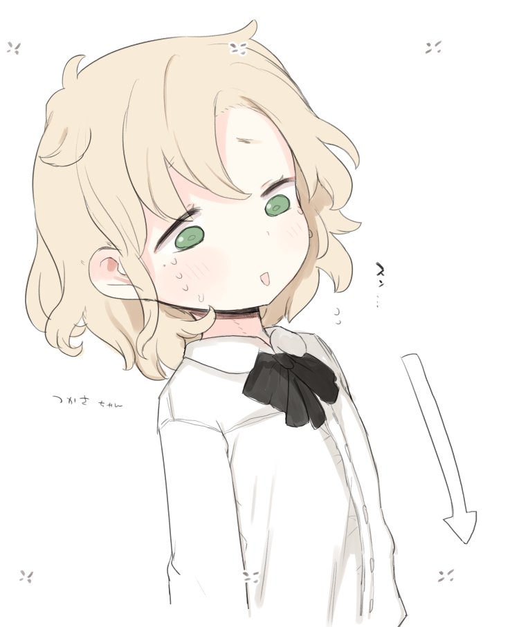 Safebooru - 1girl arrow (symbol) black neckwear black ribbon blonde hair blush breast conscious ...