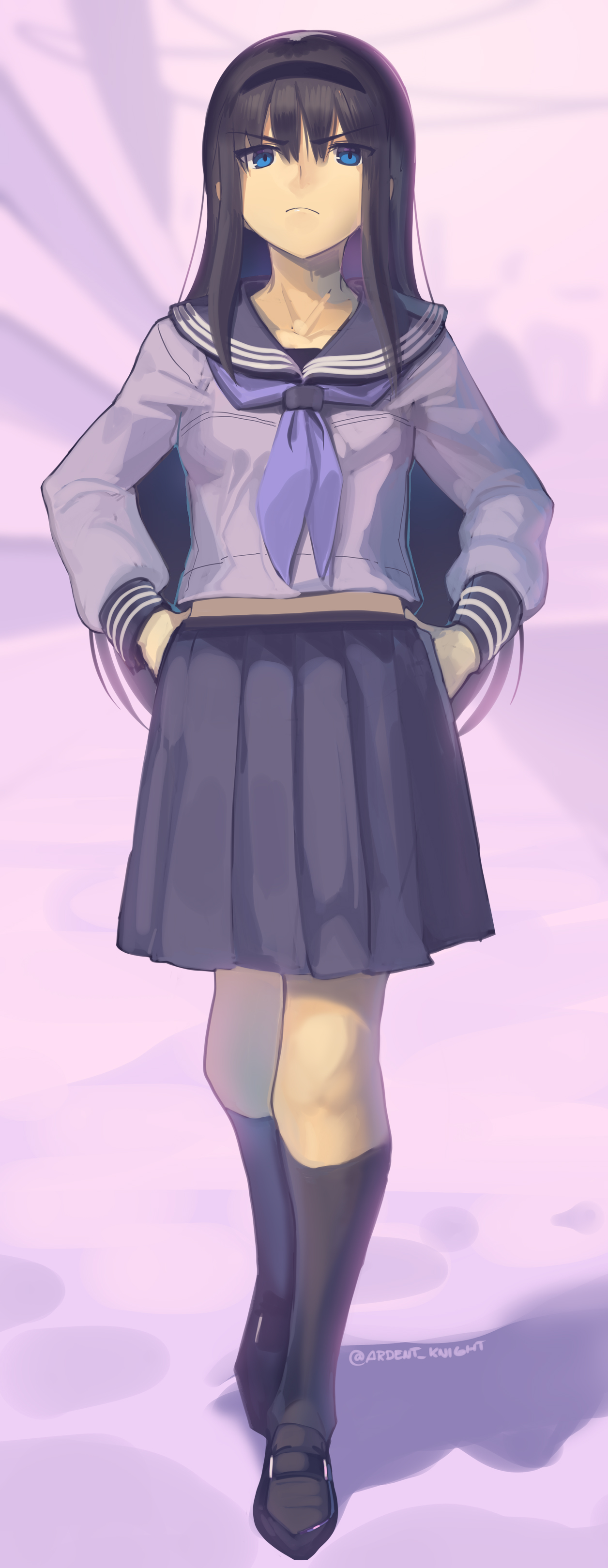 Safebooru - 1girl absurdres angry black footwear black hair black hairband black legwear black ...