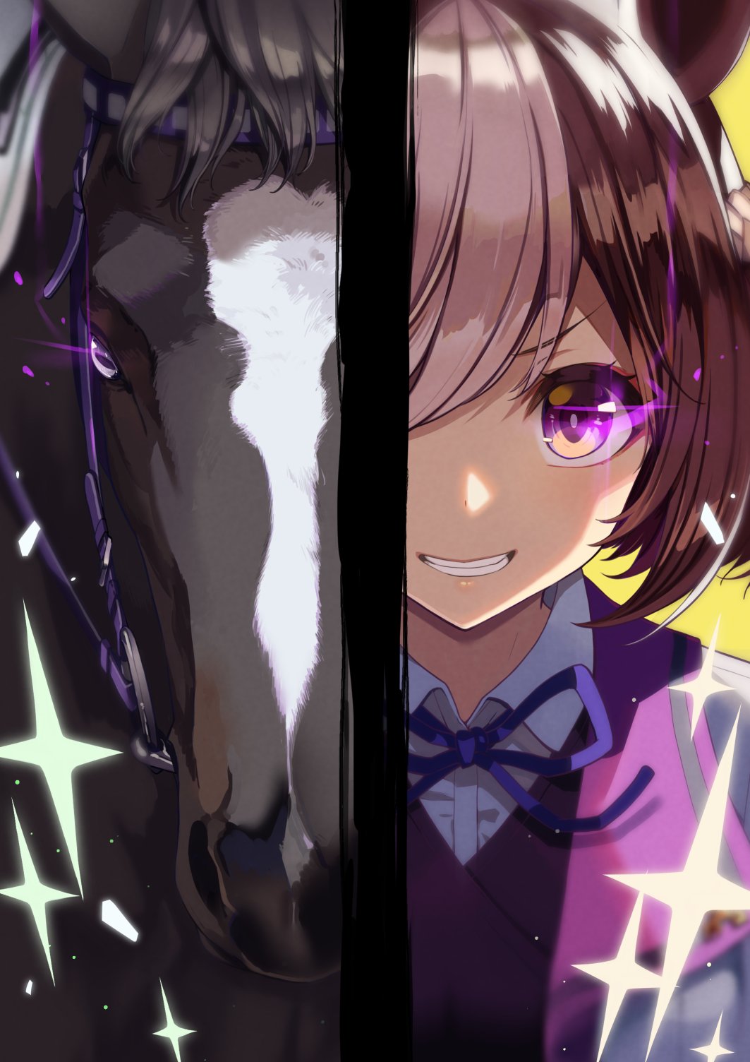 Safebooru - 1girl animal ears brown hair glowing glowing eye grin ...