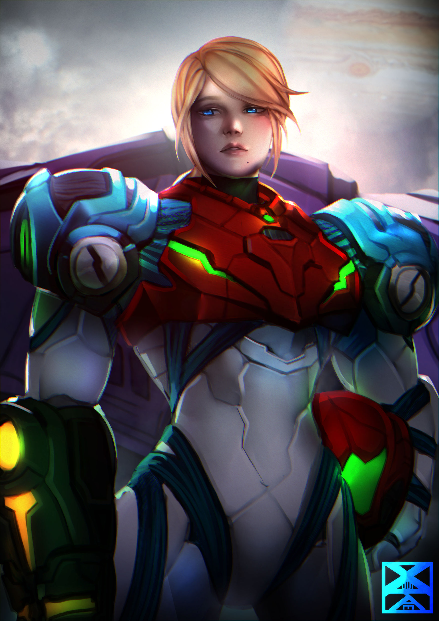 Safebooru - 1girl absurdres arm cannon armor bangs blonde hair blue eyes glowing highres long ...