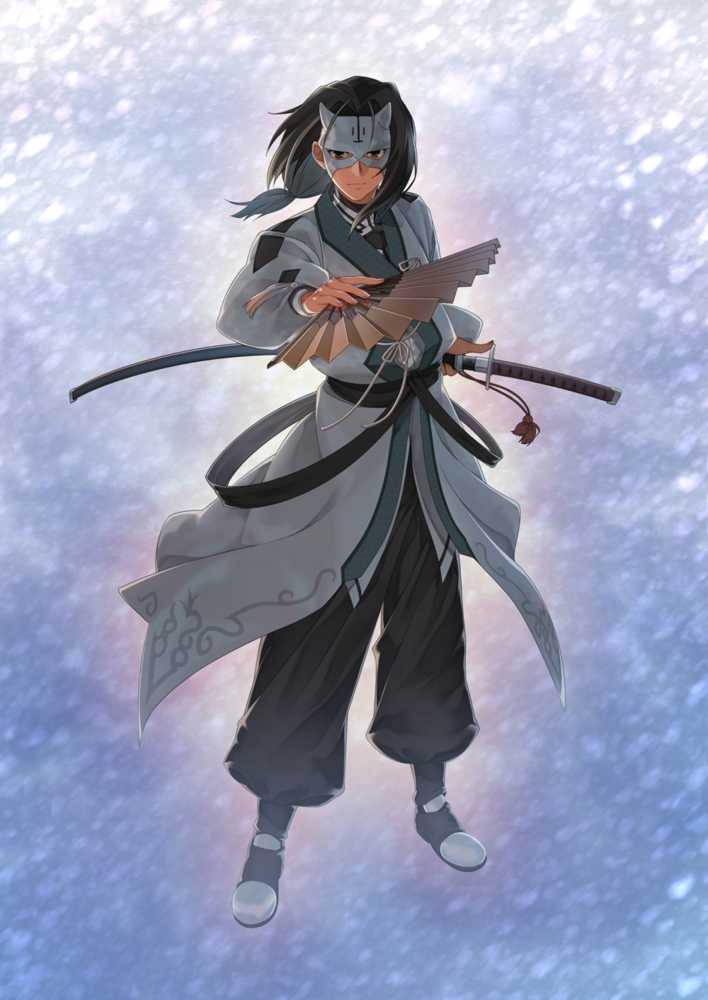 Safebooru - 1boy belt black hair coat haku (utawarerumono) hakuoro hand ...