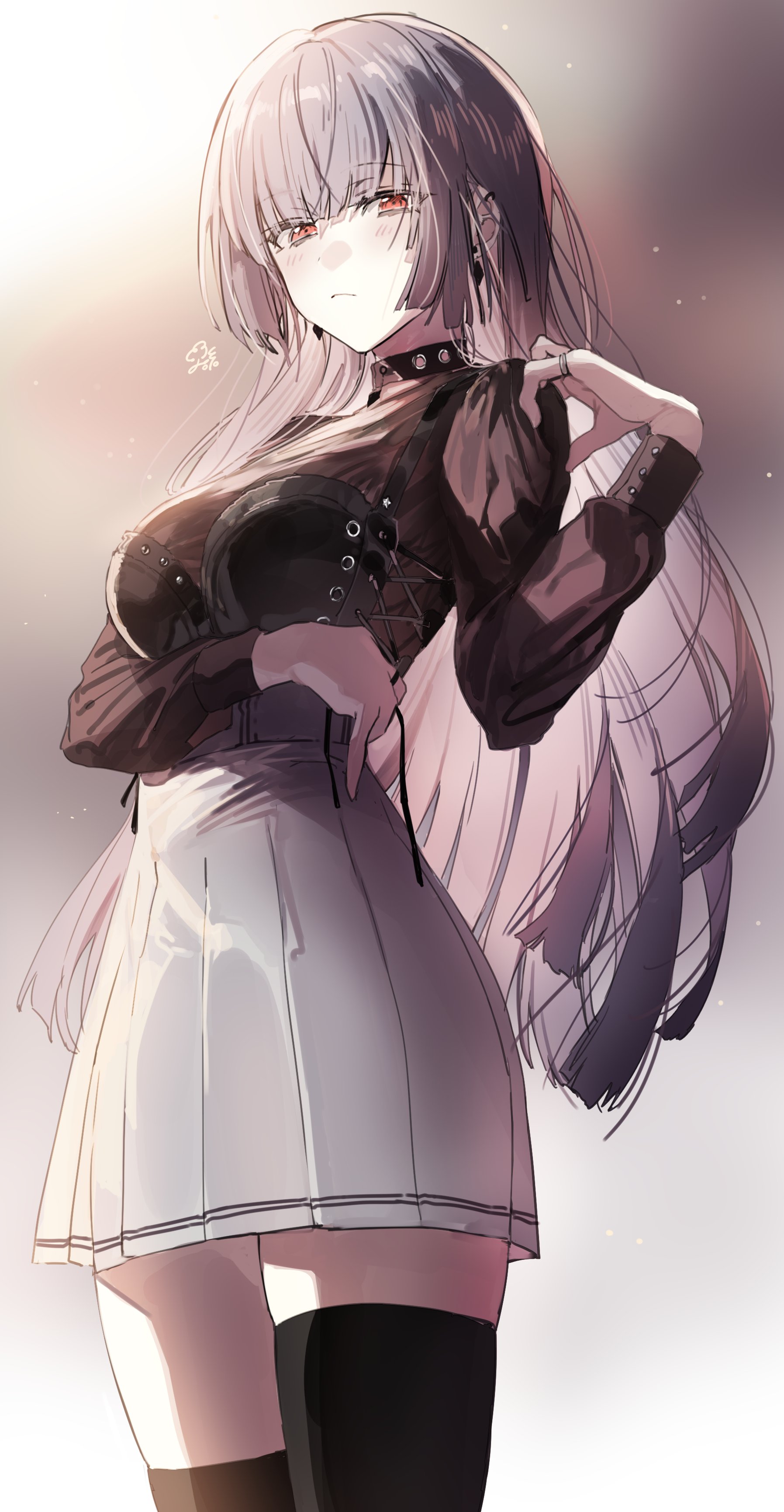 Safebooru - 1girl absurdres angry asymmetrical legwear bangs black choker black legwear blush ...