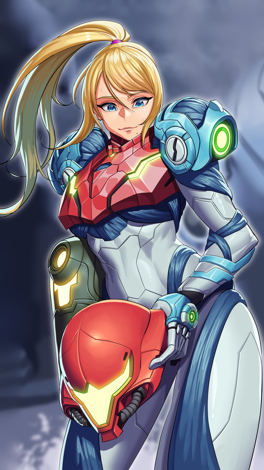 Safebooru - 1girl arm cannon armor bangs blonde hair blue eyes glowing gun helmet highres long ...