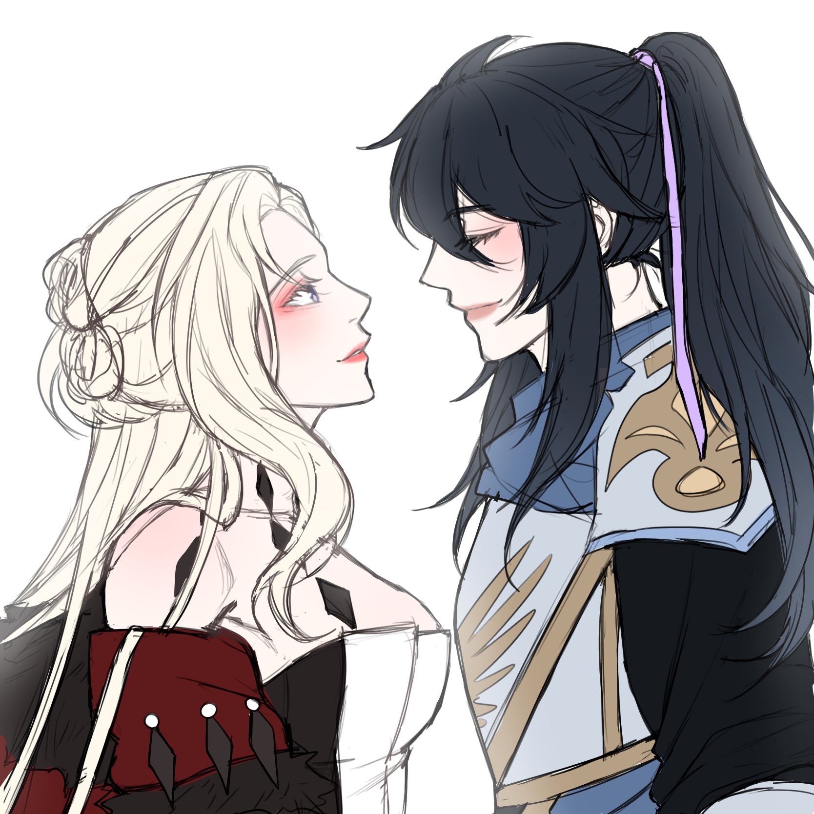 Safebooru - 1boy 1girl armor bare shoulders black hair blonde hair blue ...