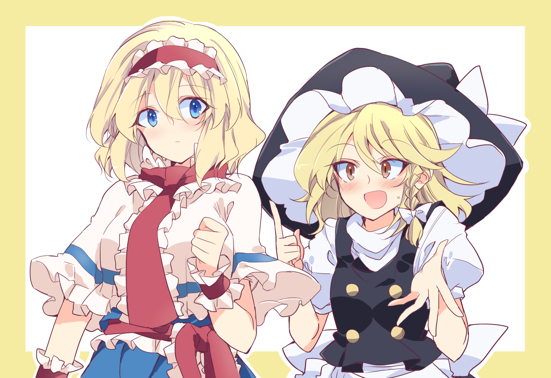 Safebooru - 2girls :d :| alice margatroid apron bangs black vest blonde hair blue dress blue ...