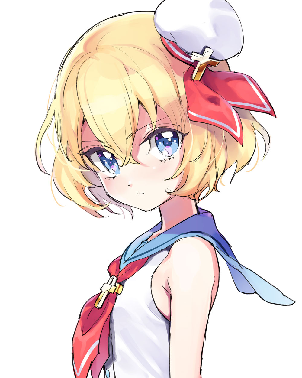 Safebooru - 1girl blonde hair blue eyes blue sailor collar cross from side hair between eyes hat ...