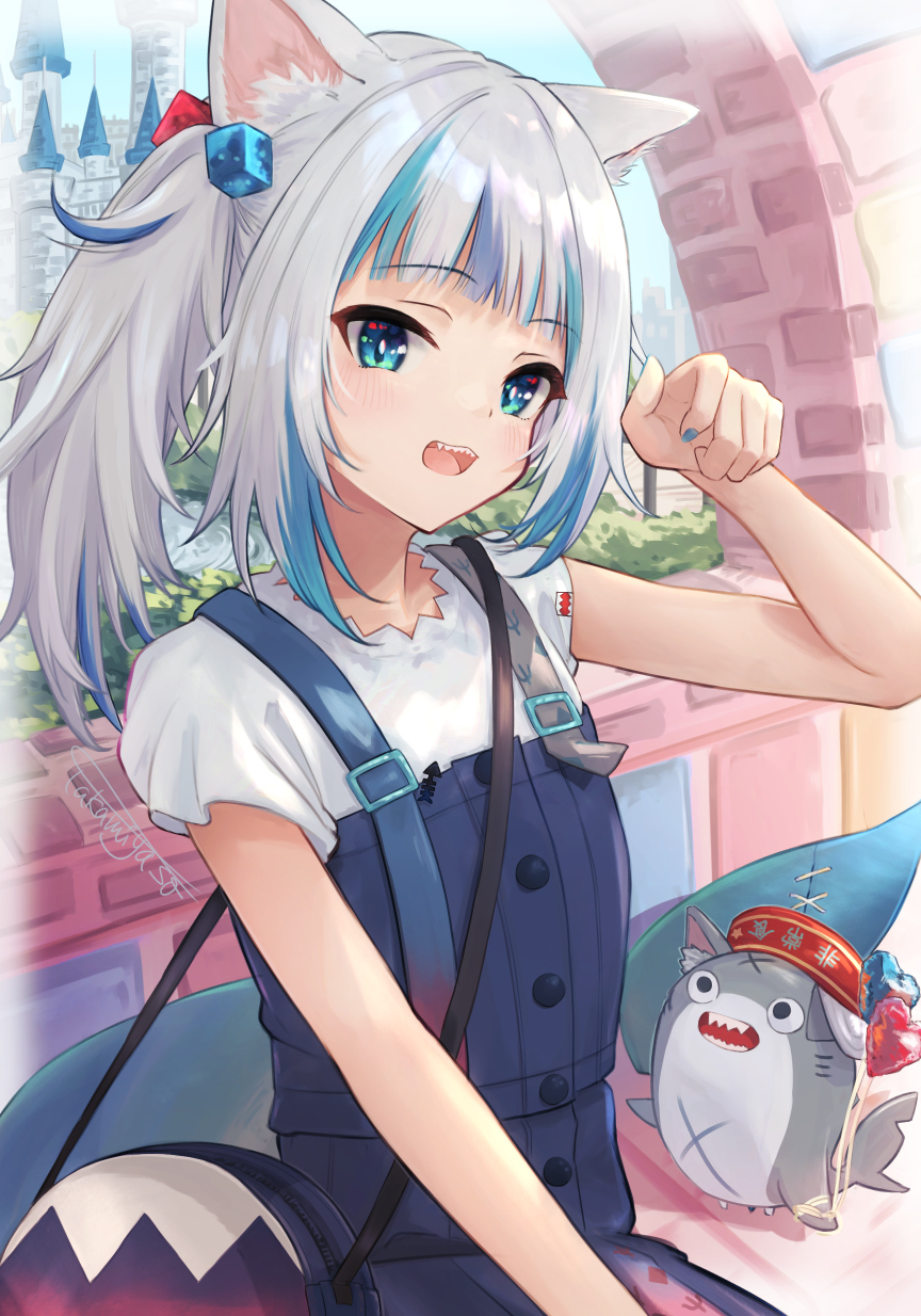 Safebooru - 1girl :d animal ear fluff animal ears bag bangs bloop (gawr gura) blue dress blue ...