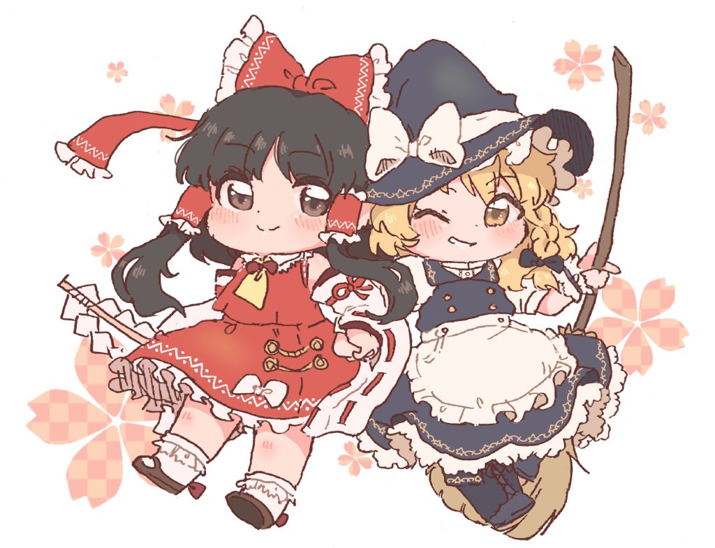 Safebooru - 2girls apron ascot bangs black bow black footwear black hair black headwear black ...