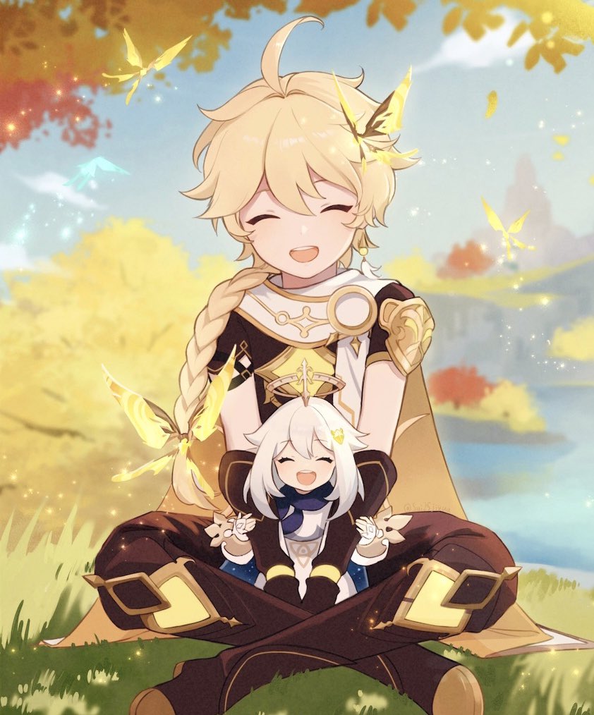 Safebooru - 1boy 1girl aether (genshin impact) ahoge bangs blonde hair boots braid bug butterfly ...