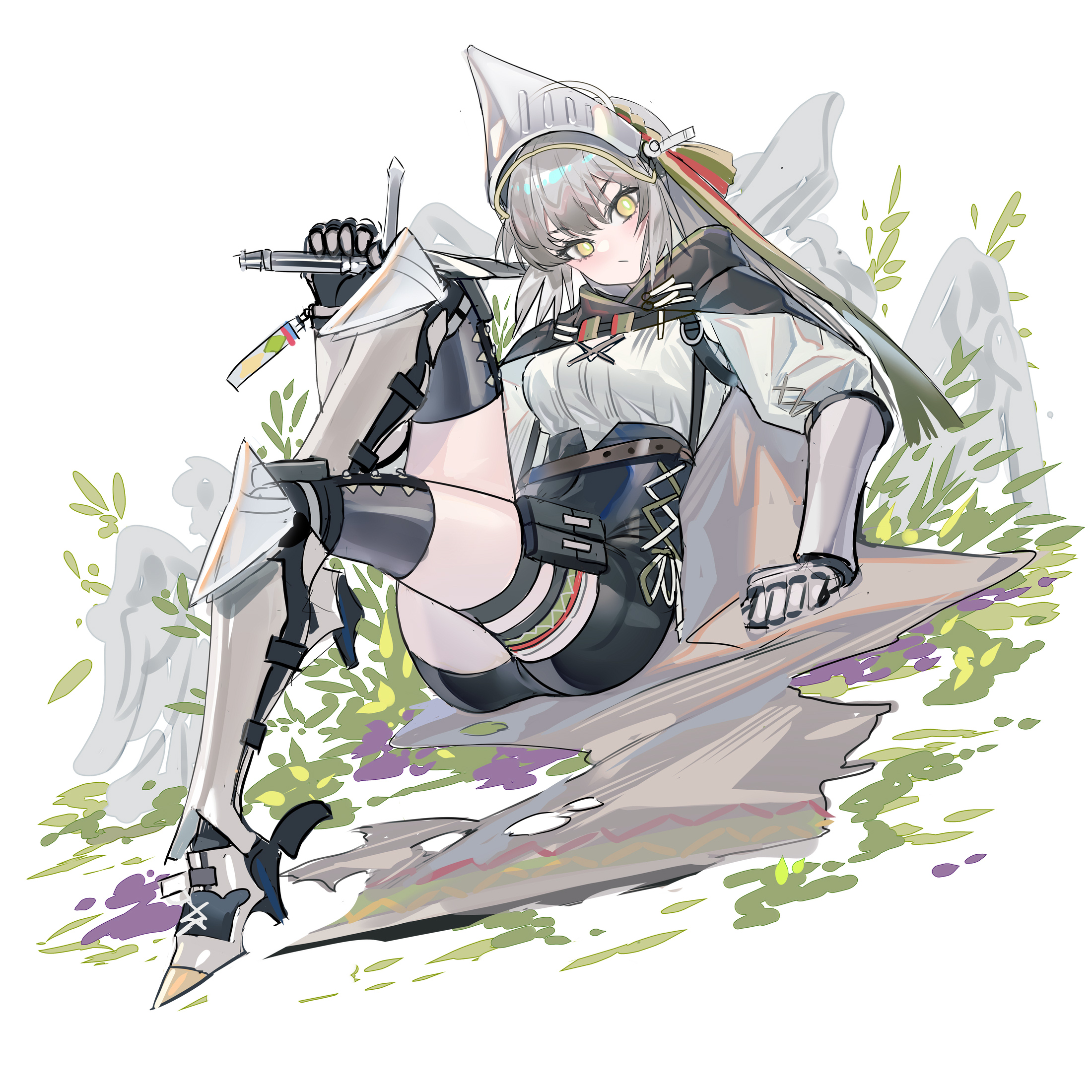 Safebooru - 1girl arknights arm support armored boots bangs black cape black legwear black ...