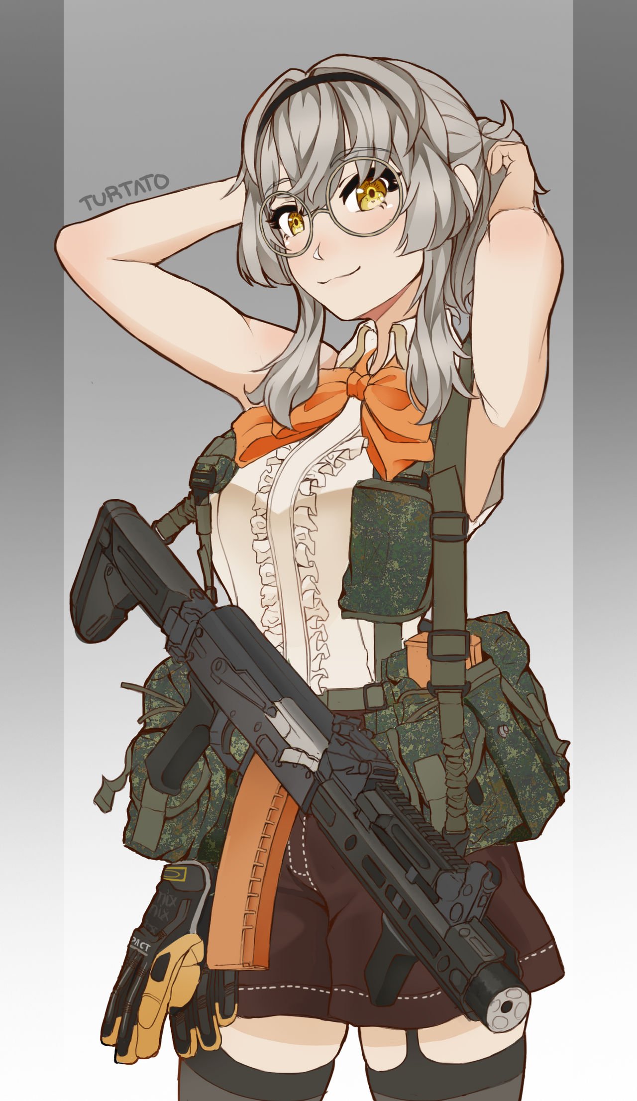 Safebooru - 1girl adjusting hair ak-12 ammunition belt ammunition pouch armpits arms behind head ...