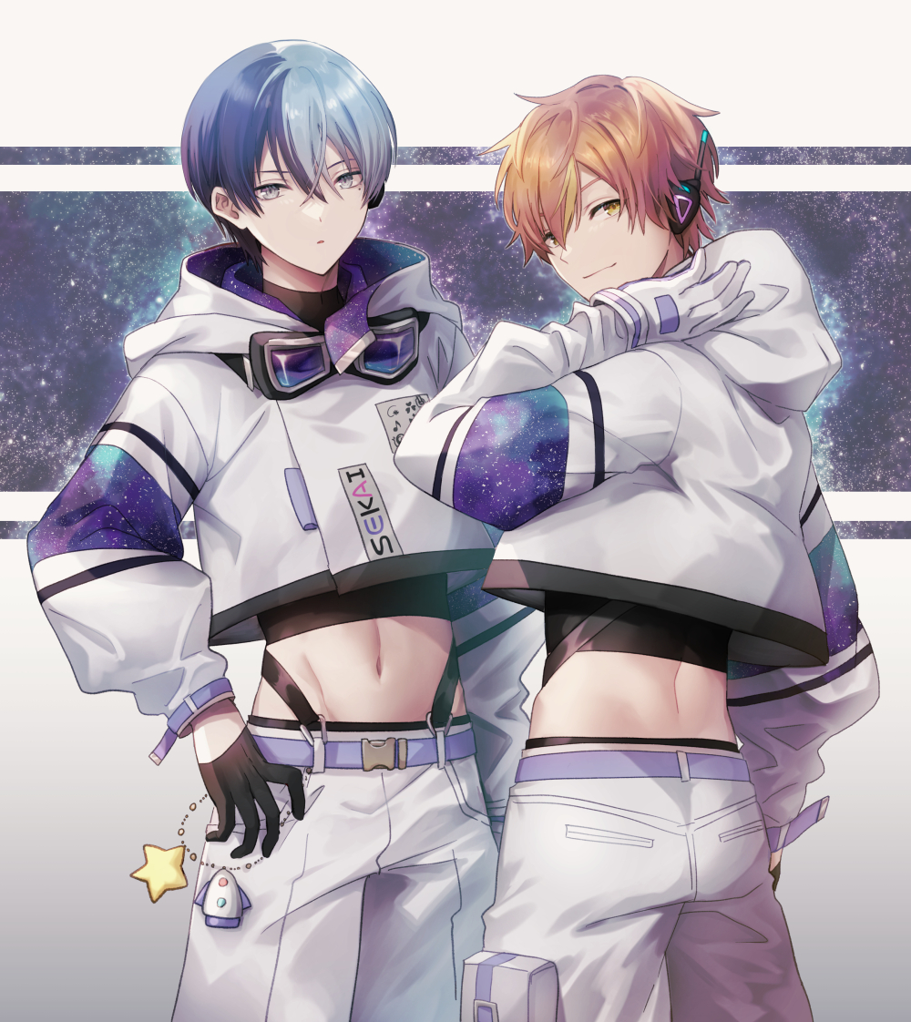 Safebooru - 2boys aoyagi touya bangs blue hair earrings headphones hood ...